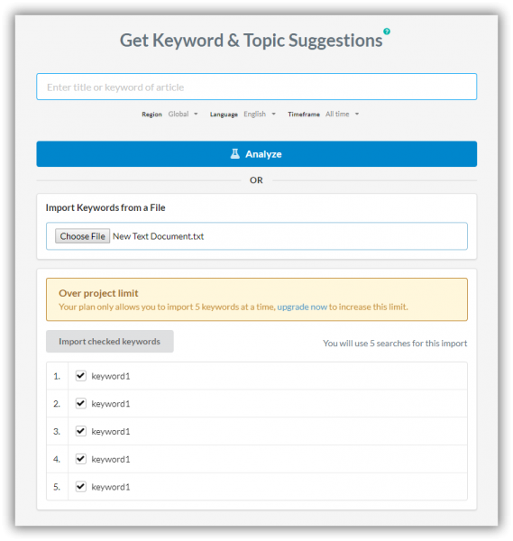 How to bulk import keywords for analysis – Article Insights